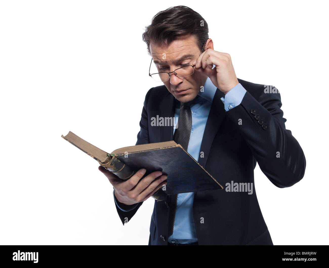 one man caucasian professor teacher teaching reading an ancient book ...