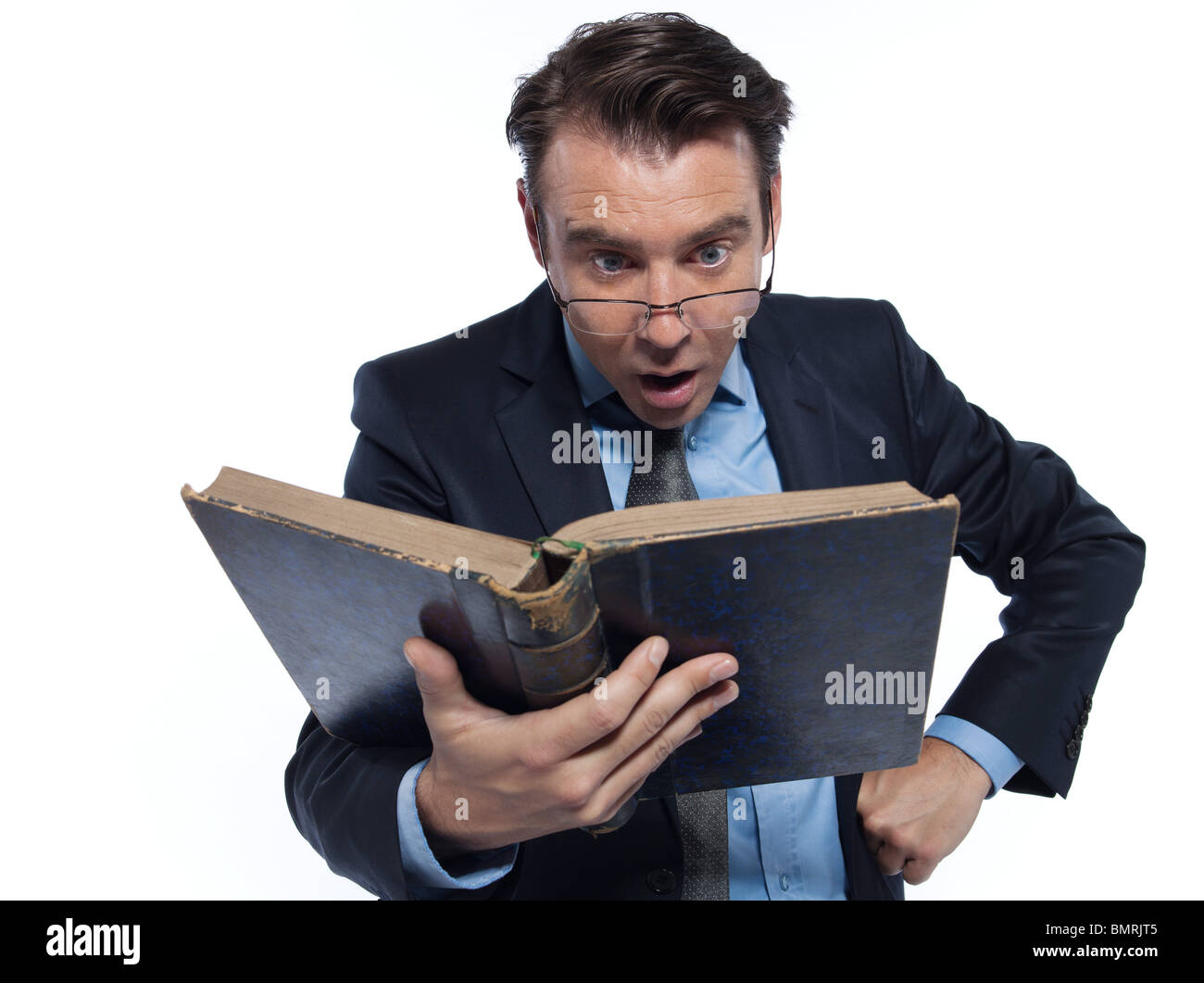 one man caucasian professor teacher teaching reading an ancient book ...