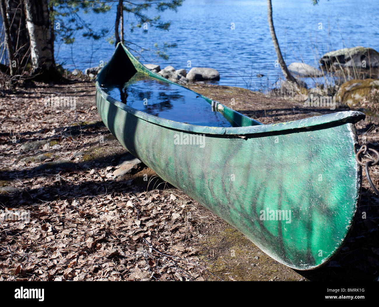 Green canoe filled with water , Finland Stock Photo - Alamy