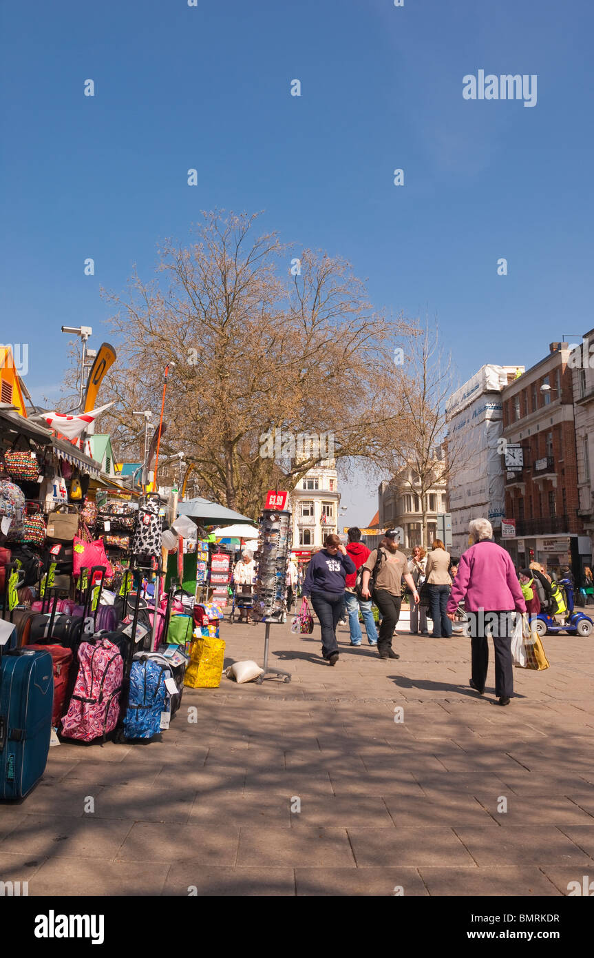The outdoor market with shoppers in Norwich , Norfolk , England , Great ...