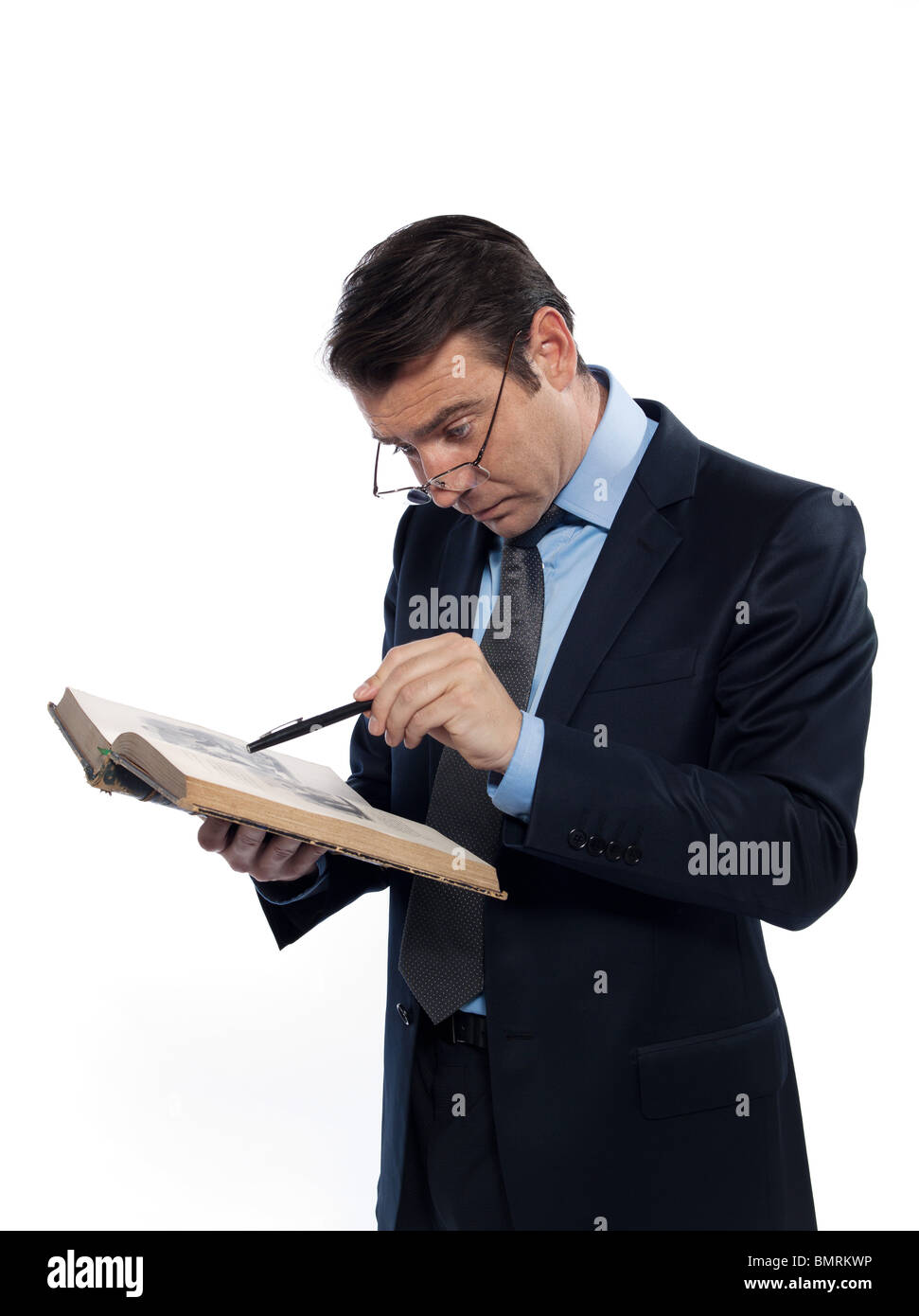 one man caucasian professor teacher teaching reading an ancient book ...