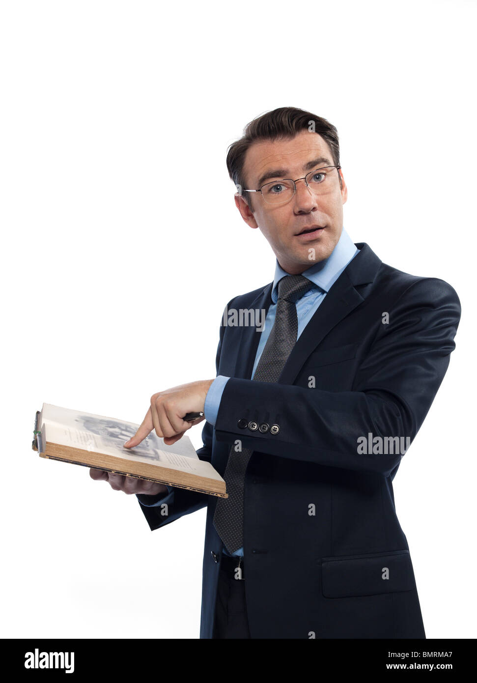 one man caucasian professor teacher teaching reading an ancient book ...