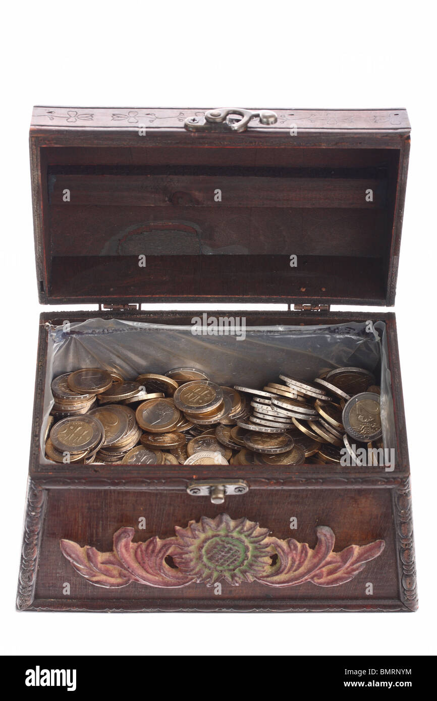 Old brown treasure chest full of EURO coins isolated on white Stock ...