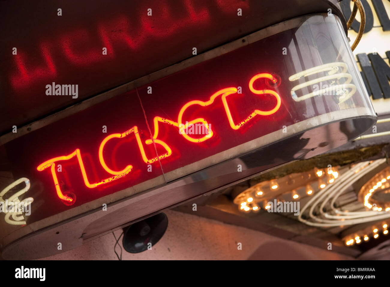 Close up of a neon ticket sign of a theater Stock Photo - Alamy