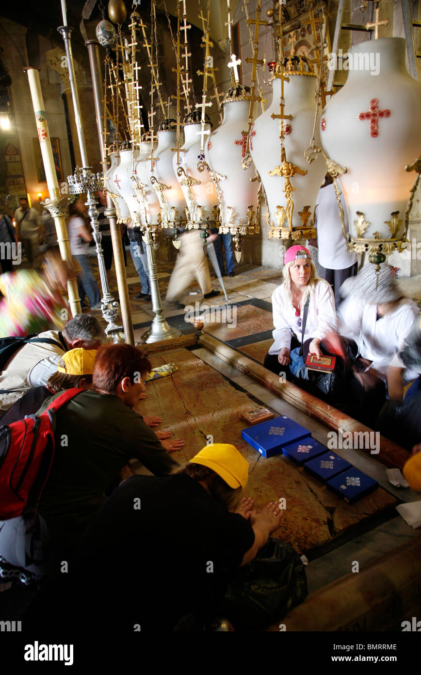 Stone of unction at church of The Holy Sepulchre in Jerusalem Stock ...