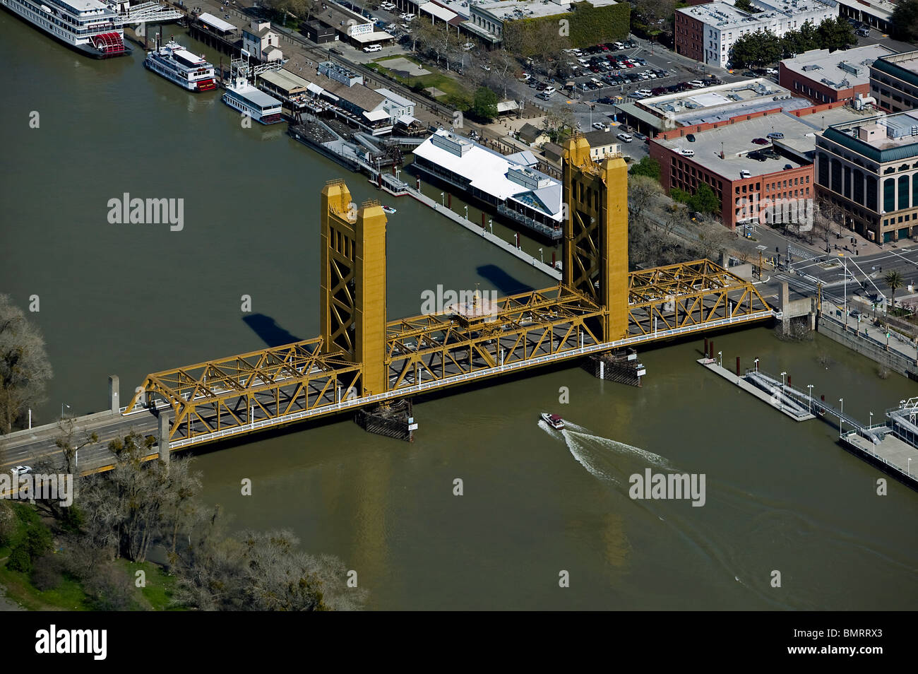 aerial view above Tower bridge and Sacramento old town California Stock ...