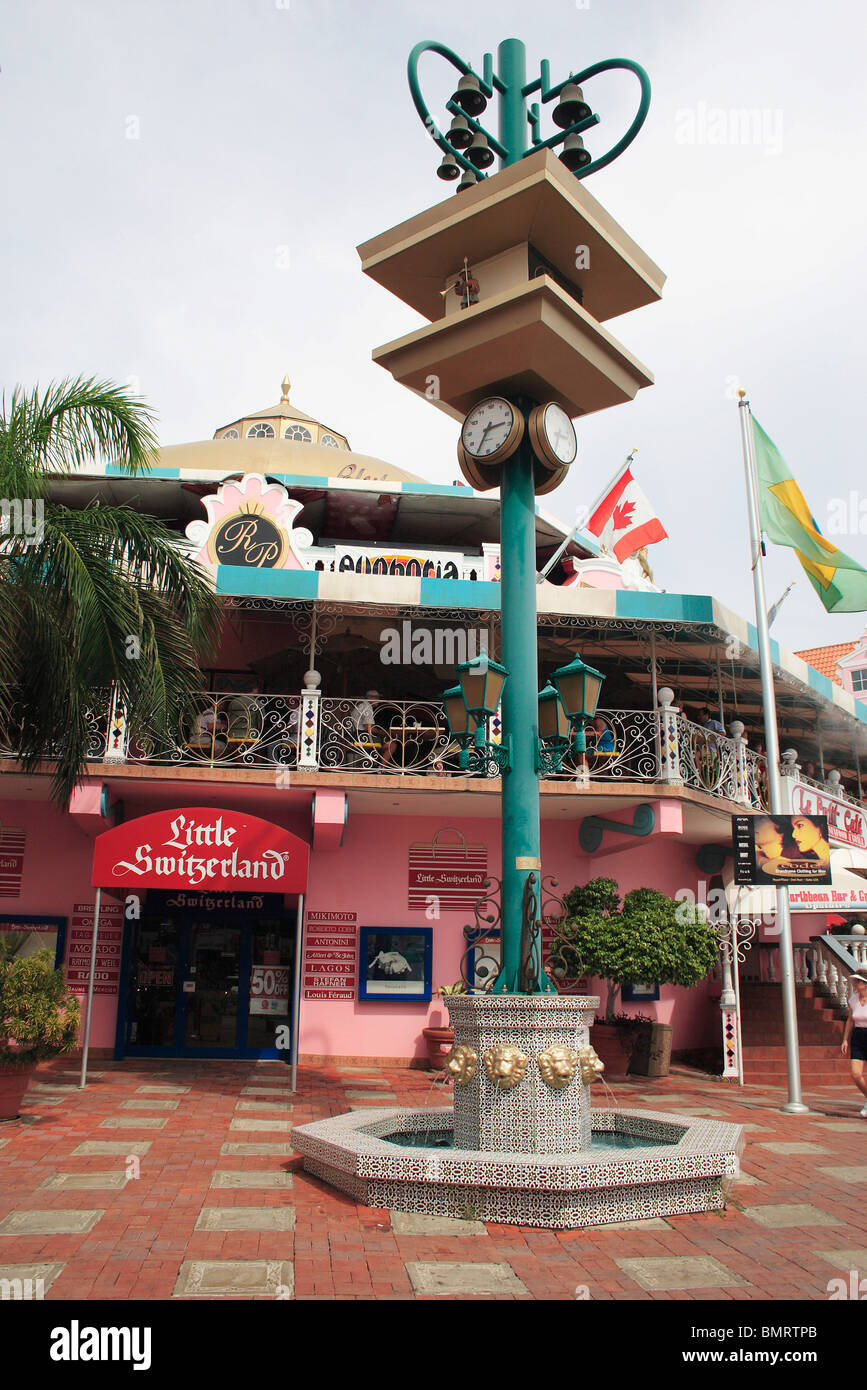 Restaurant and Clock pole ; Caribbean island ; City Oranjestad ; Aruba ...