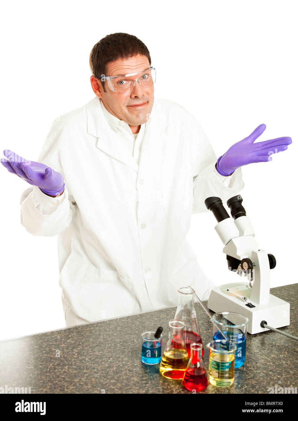 Scientist shrugging because he can't solve the problem. Isolated on ...