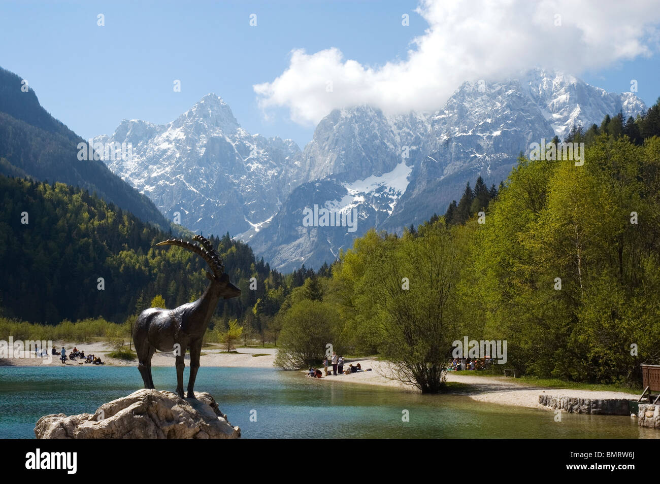Elk191-2685 Slovenia, Triglav NP, Julian Alps, Jasna Lake with statue ...