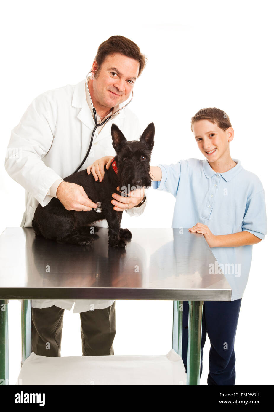 Veterinarian listens to dog's heart beat while young owner looks on ...