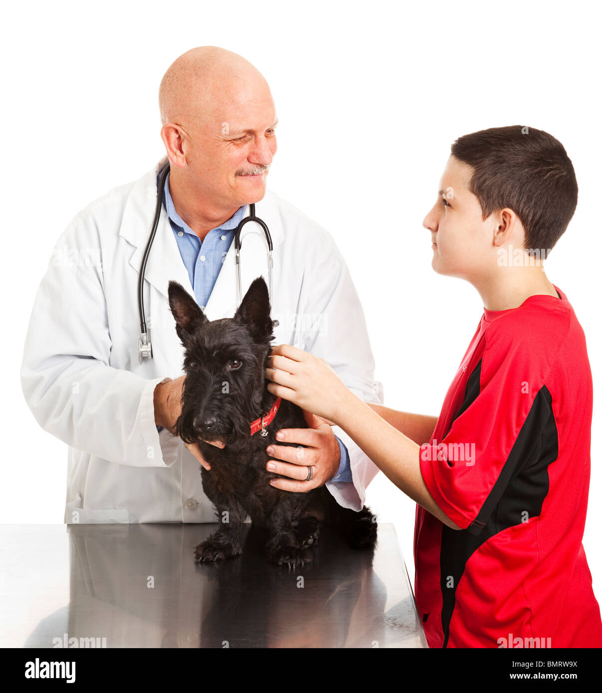 Friendly veterinarian reassures a worried teen boy that his dog will be ...