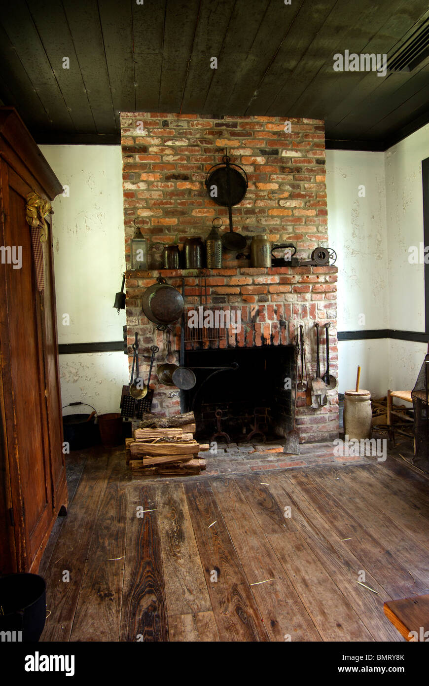Kitchen brick fireplace utensils pantry Vermilionville Cajun Creole ...