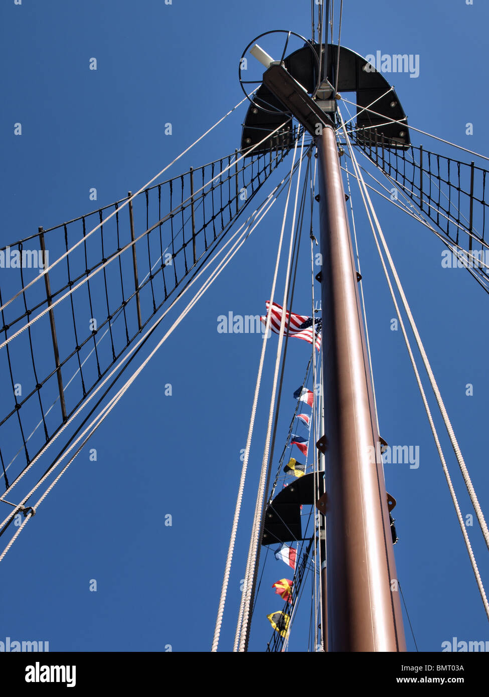 mast and rope ladders for tall ship with crow's nest at top of image ...