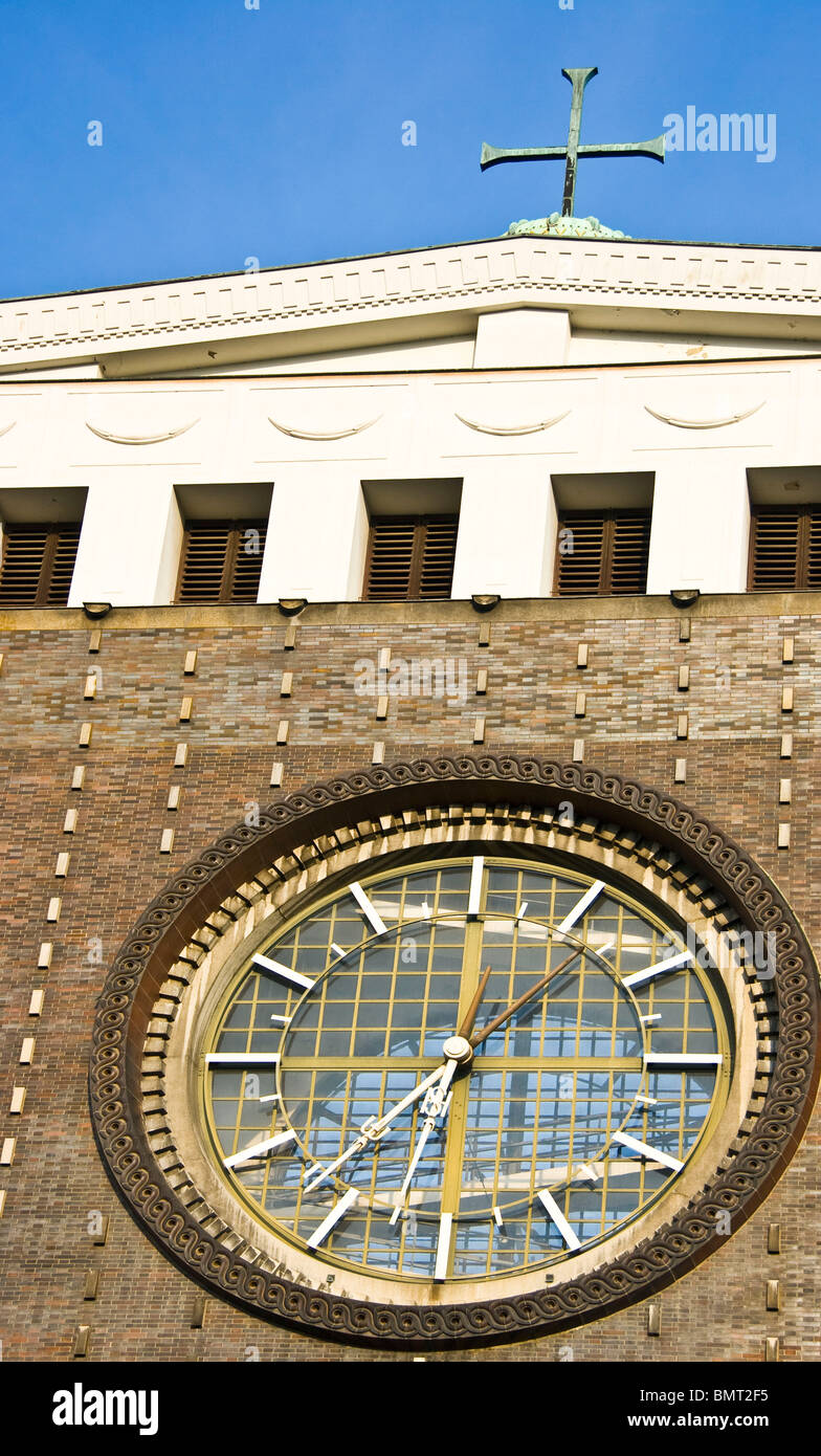 Clock on facade of Cubist Modernist Church of the Holy Heart Prague ...