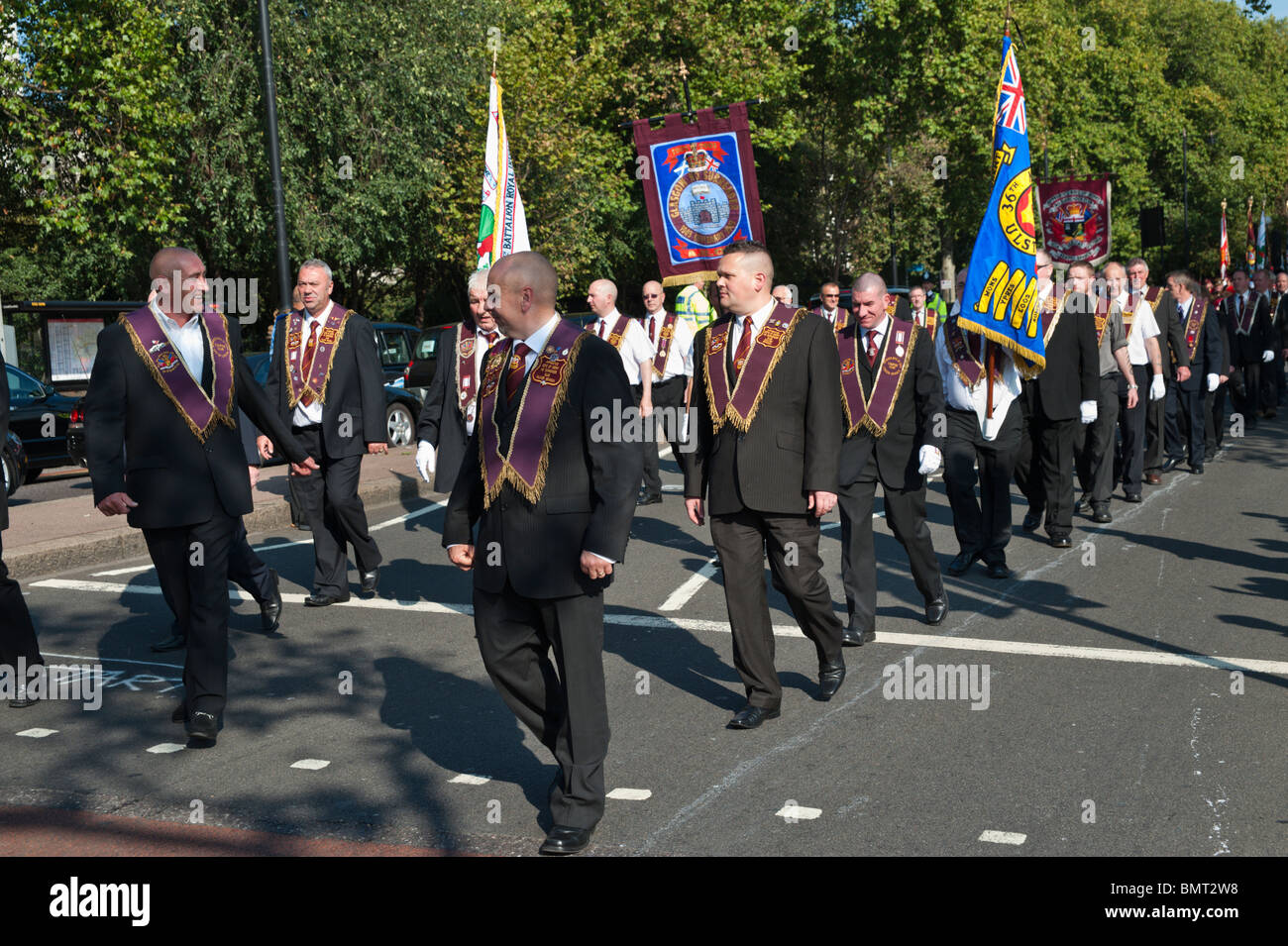 Men in Orange Order sashes march along Embankment in Apprentice Boys of ...