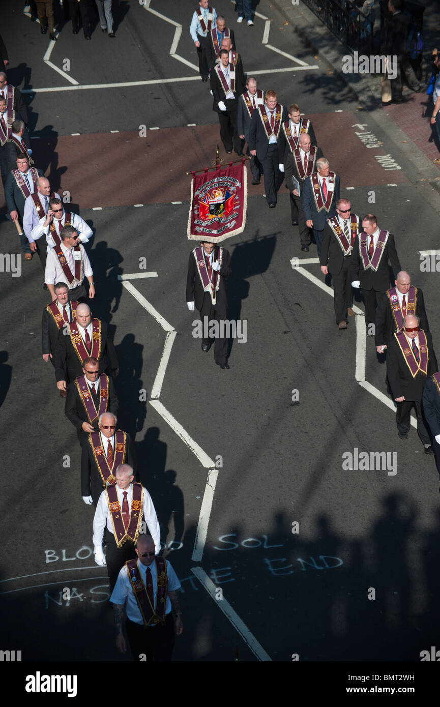 Men in Orange Order sashes march along Embankment in Apprentice Boys of ...