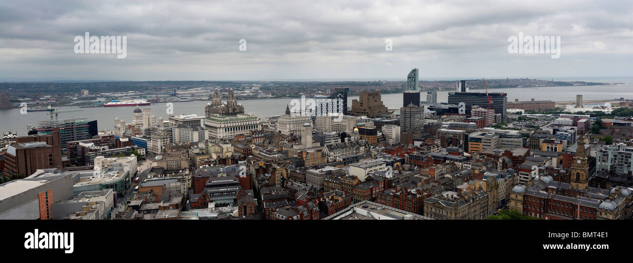 Panoramic view of rooftop Liverpool city centre and the River Mersey ...