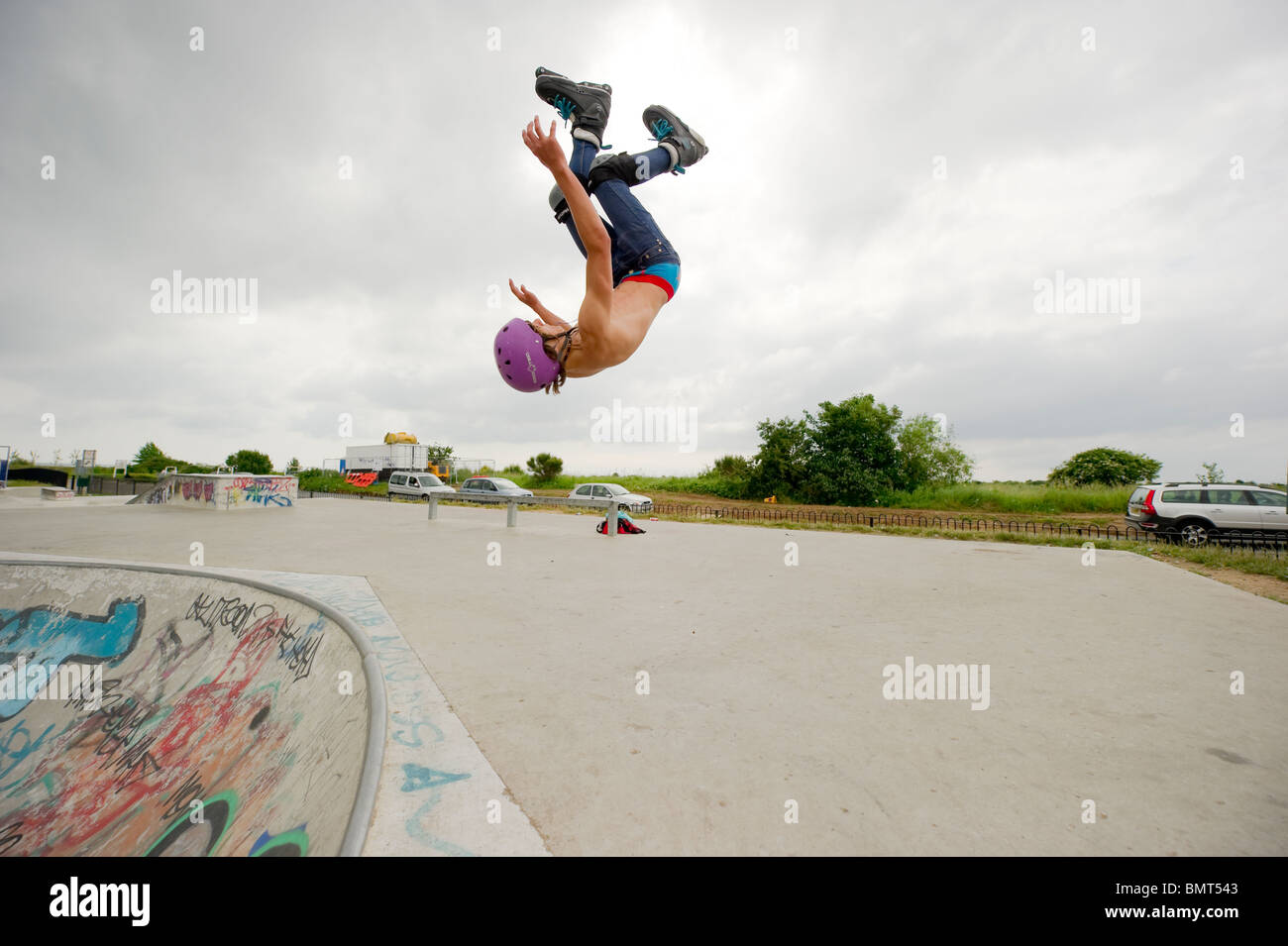 In-line skater in action at purpose built skate park in Leigh on Sea ...