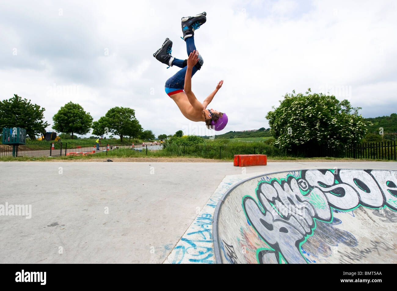 In-line skater in action at purpose built skate park in Leigh on Sea ...