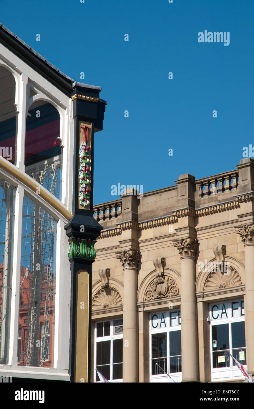 Architectural detail of Stockport Market Hall,on the left, and ...