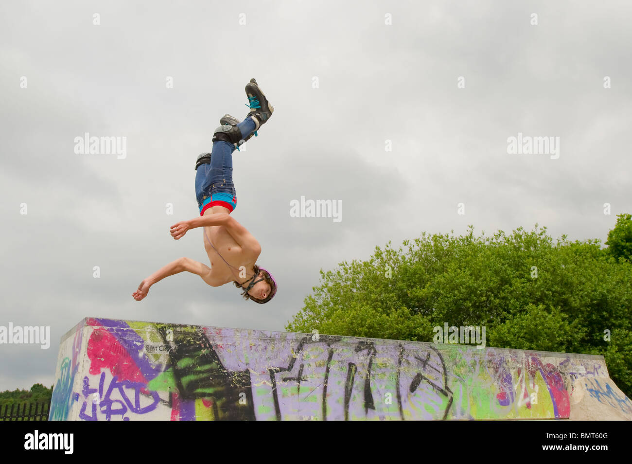In-line skater in action at purpose built skate park in Leigh on Sea ...