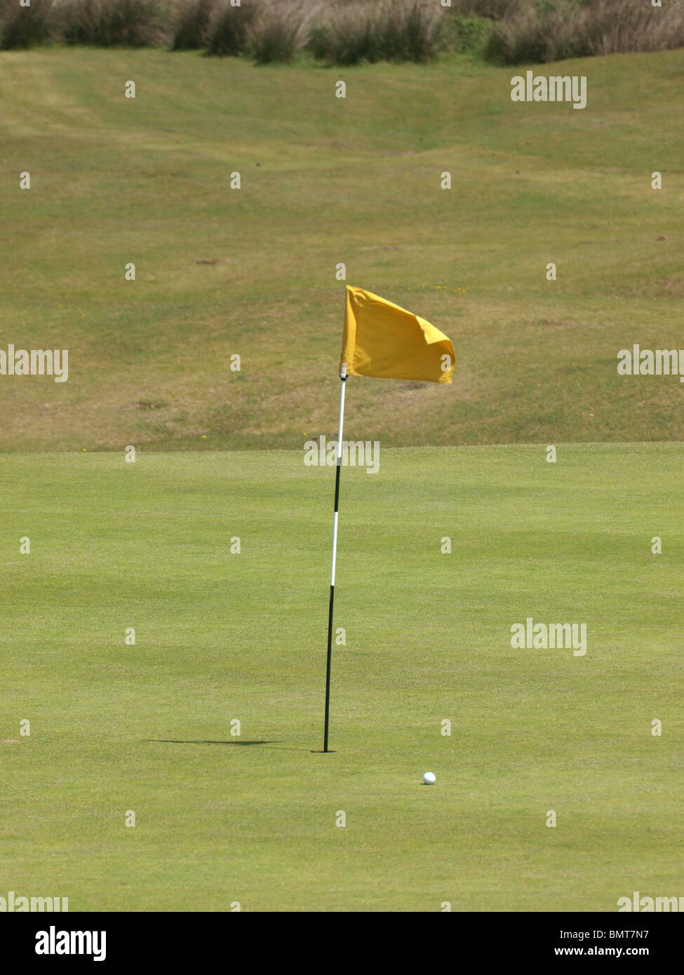 Yellow golf pin and ball, Royal North Devon golf club, Westward Ho! UK ...
