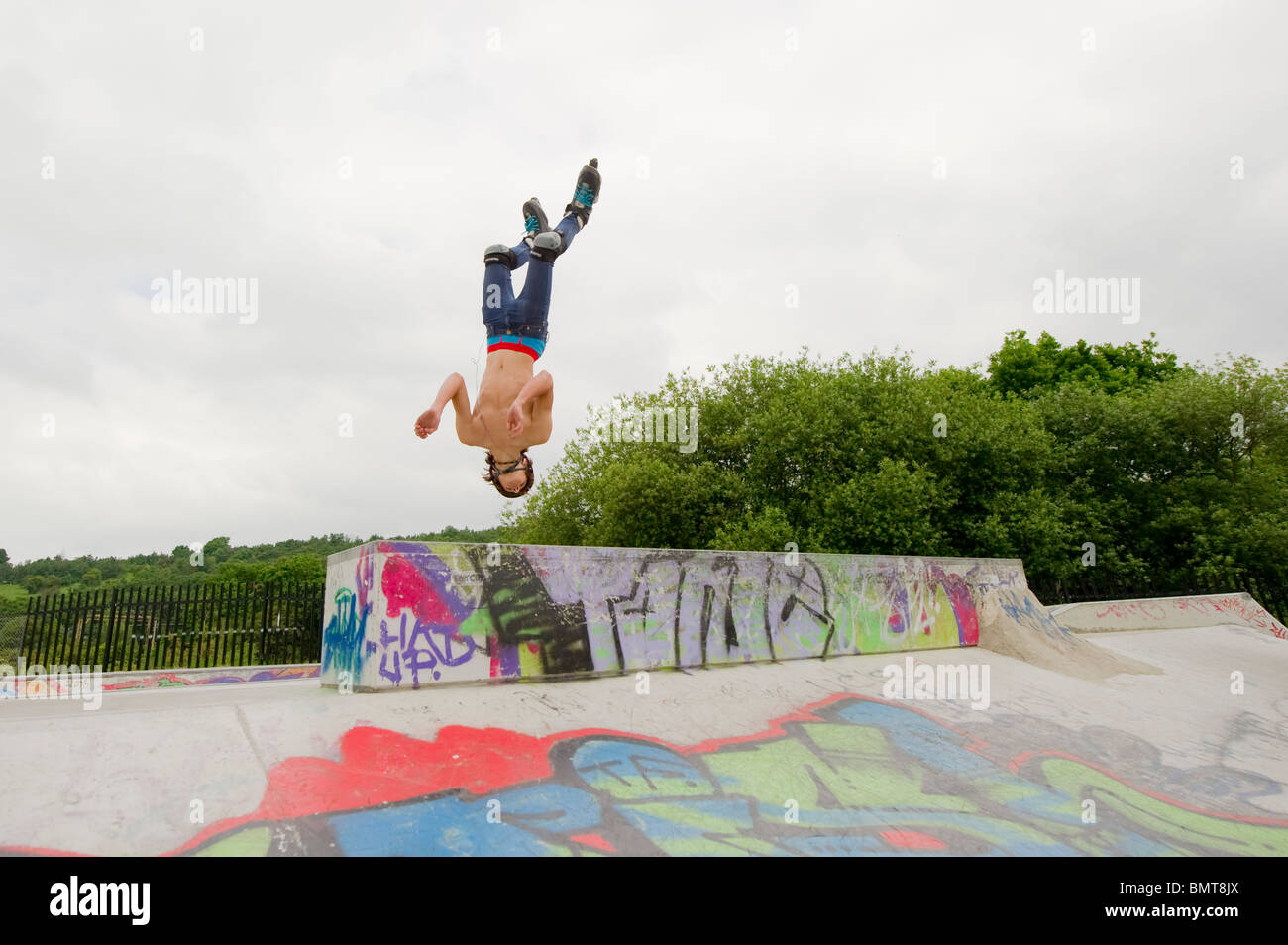 In-line skater in action at purpose built skate park in Leigh on Sea ...