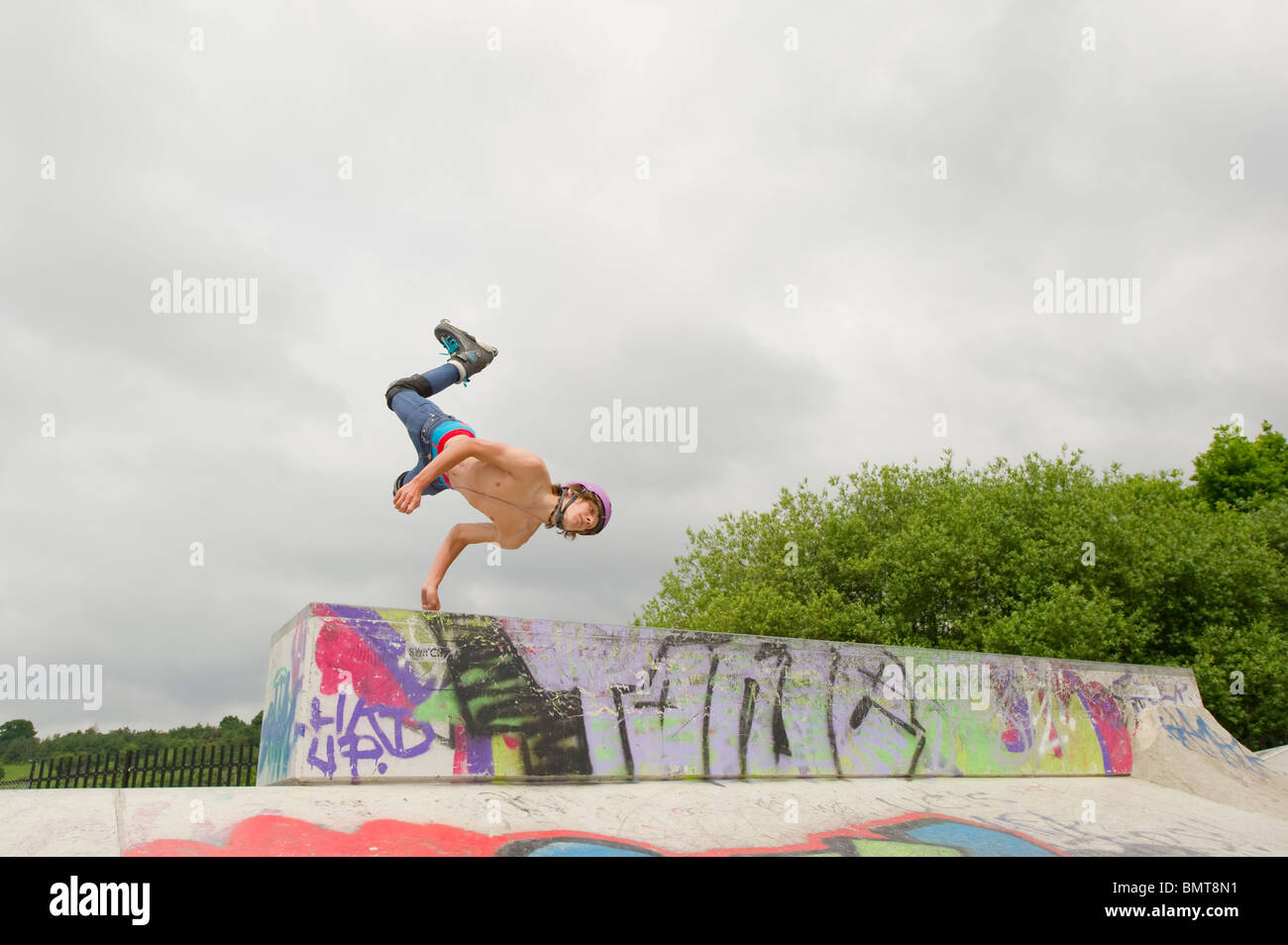 In-line skater in action at purpose built skate park in Leigh on Sea ...