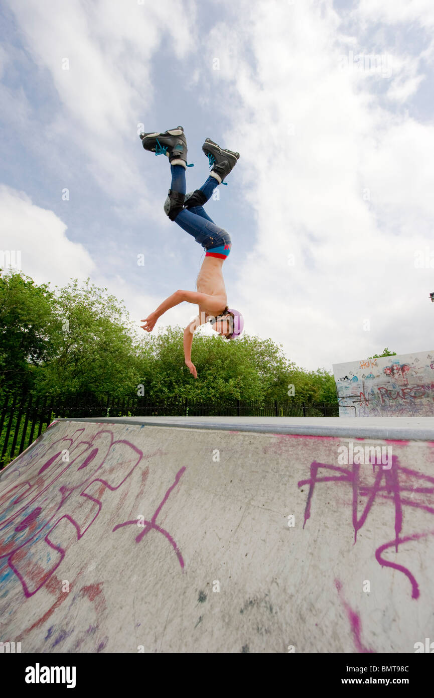 In-line skater in action at purpose built skate park in Leigh on Sea ...