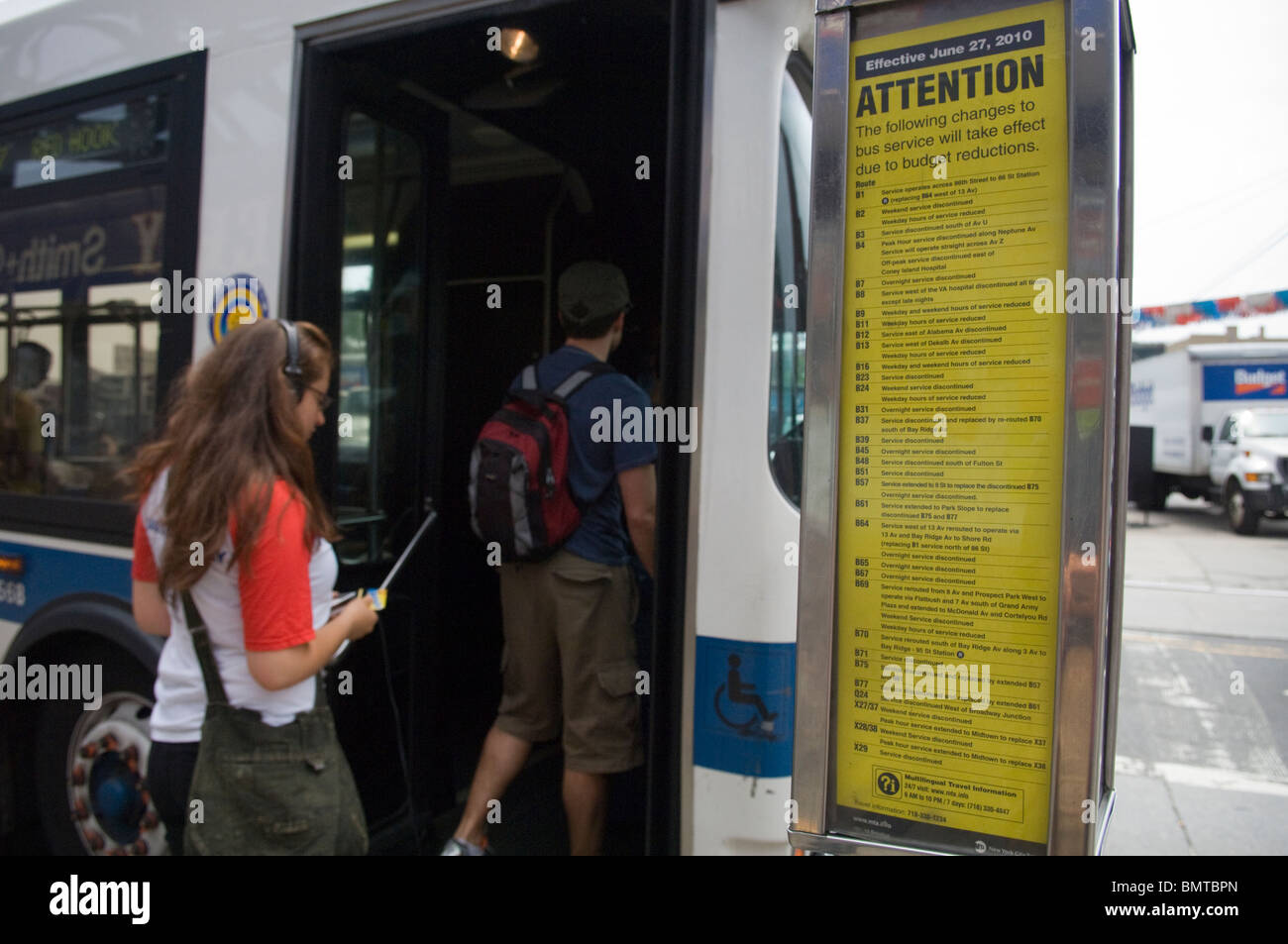 A sign on a bus stop in the Red Hook neighborhood in Brooklyn in New ...