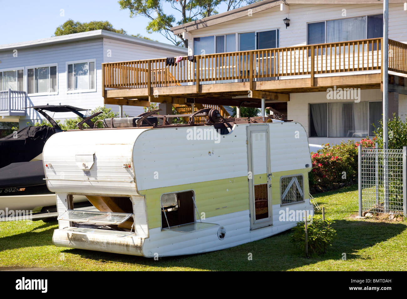 Caravan tipped upside down outside a house in Sydney,NSW,Australai ...