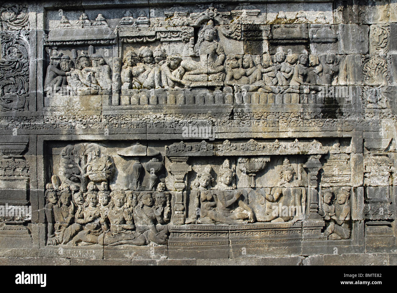 Indonesia-Java-Borobudur, Upper panel shows king seated on the throne ...