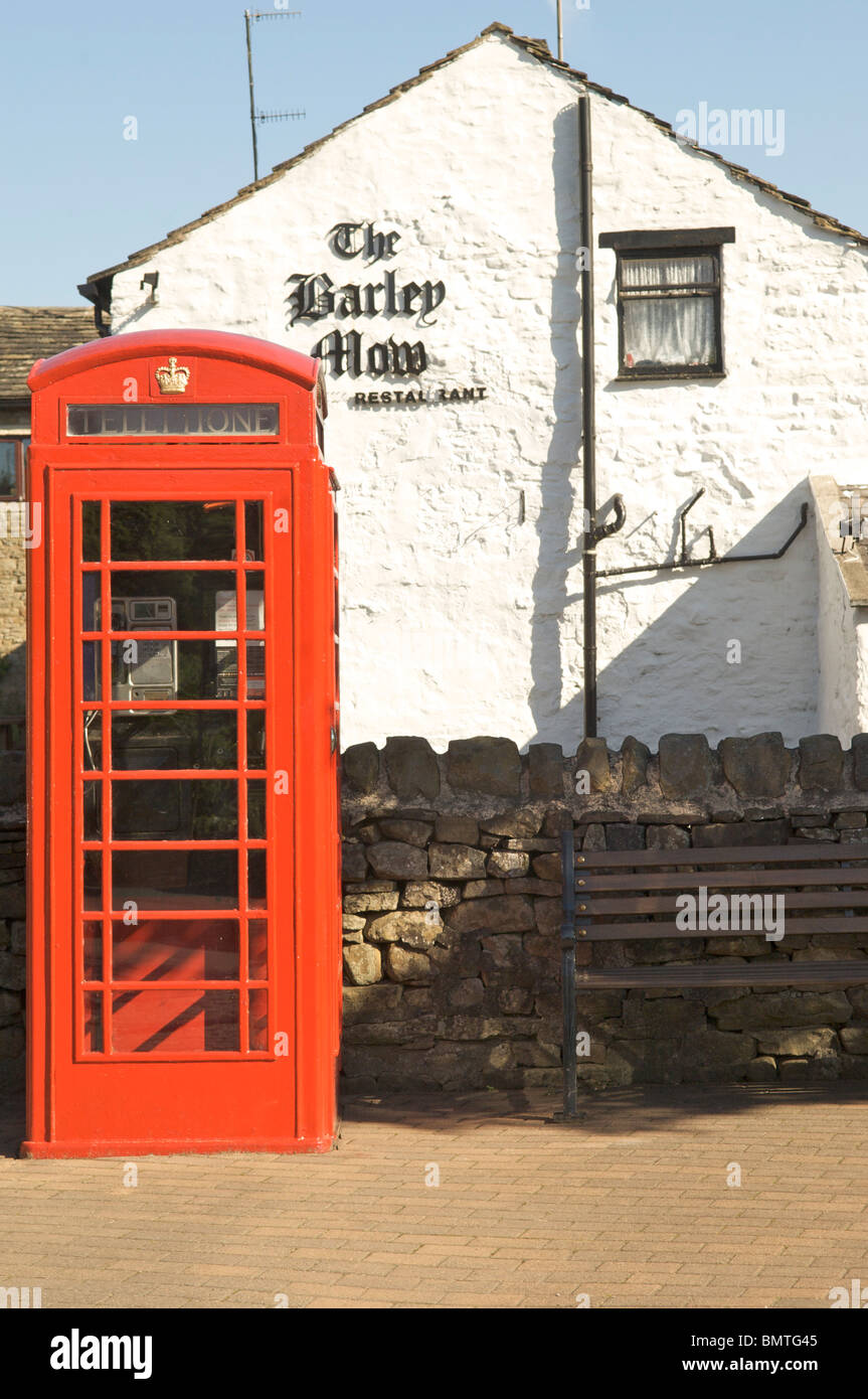 Red telephone box in front of the Barley Mow pub,Barley village,Pendle ...
