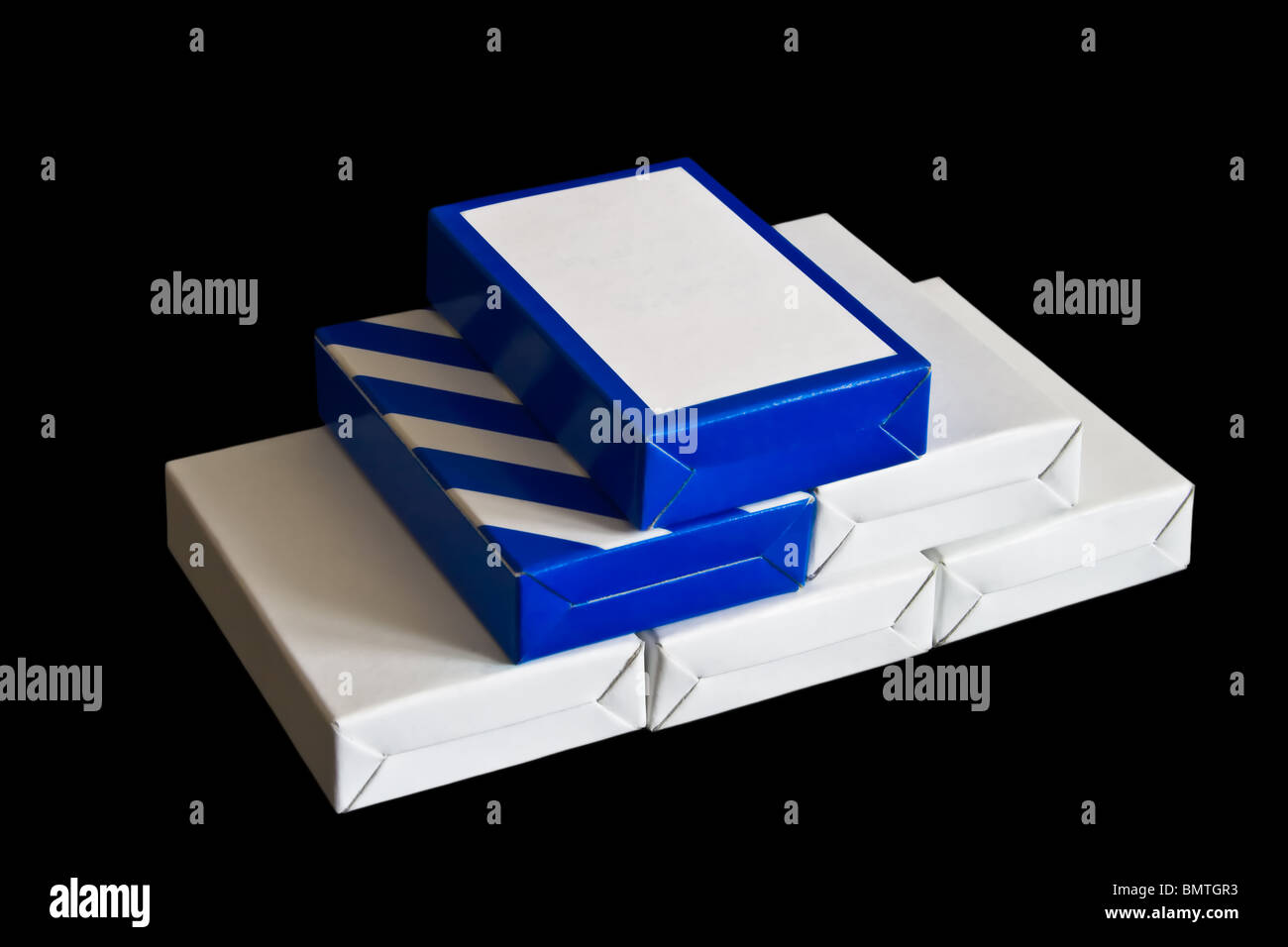 Six boxes combined by a pyramid on a black background Stock Photo - Alamy