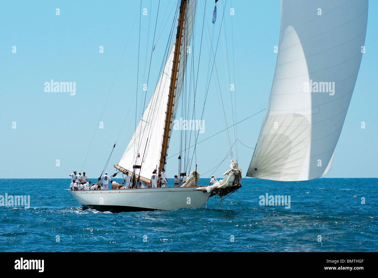 Classic yacht Moonbeam IV with spinnaker racing at the Voiles d'Antibes ...