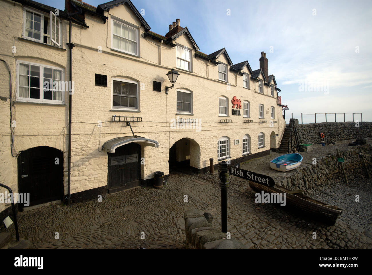 Clovelly Devon UK Harbor Harbour Red lion Hotel Boats Quay Stock Photo ...