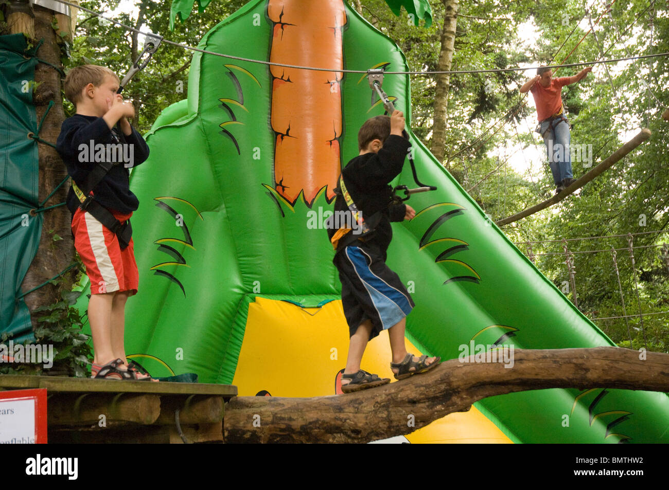 Boy on Bonobo aerial rope course, Quimper, France, Europe Stock Photo ...