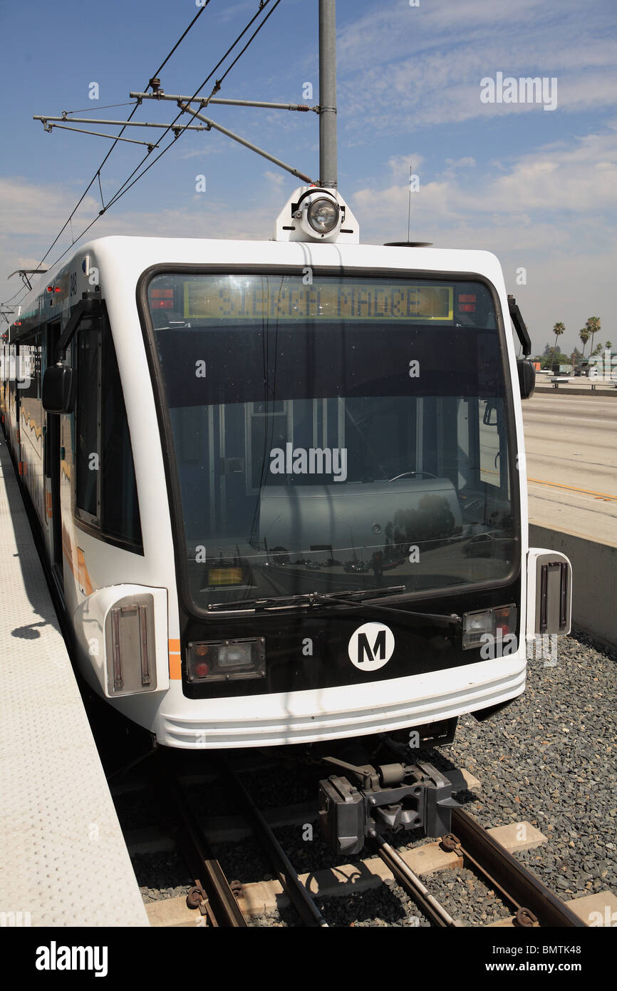 Gold line light rail train parked at Sierra Madre station in Los ...