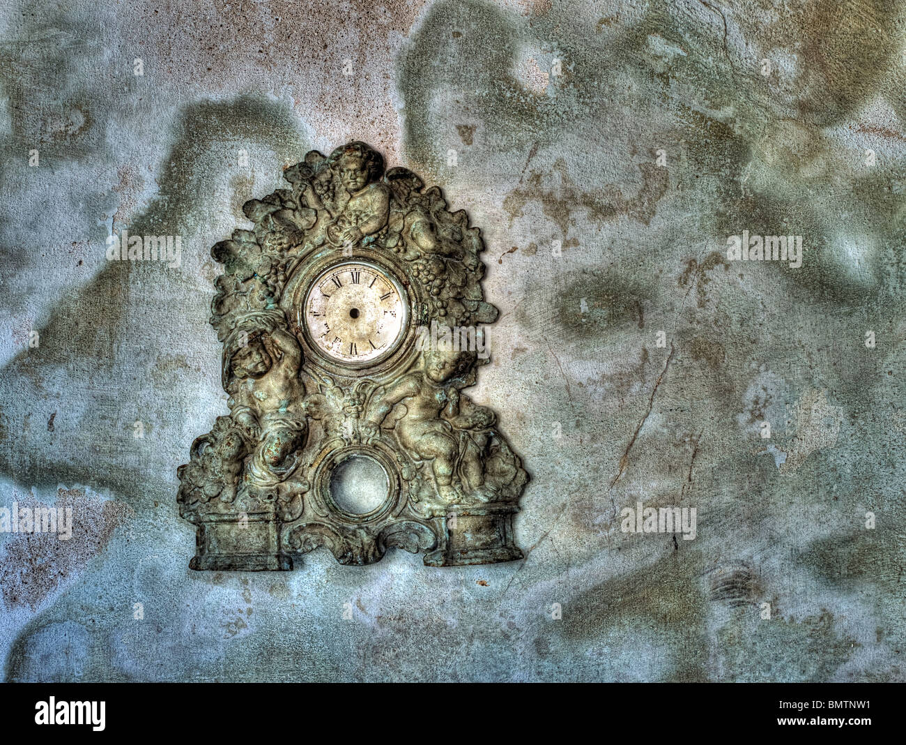 Old clock without pointers represents the infinity of time. HDR ...
