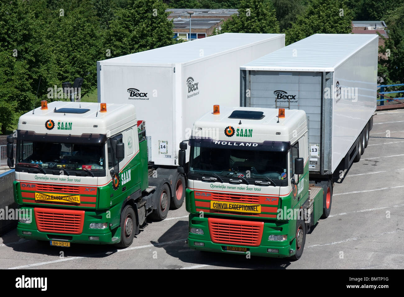 Two parked articulated heavy goods vehicles Stock Photo - Alamy