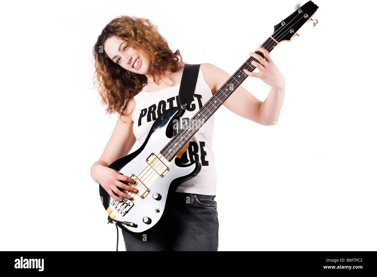 Young female bass guitar player specially isolated on white Stock Photo ...