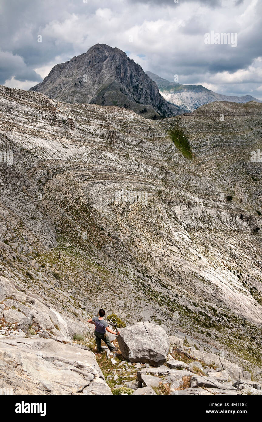 A walker on a ridge of Kokinovouni in the Taygetos mountains Mani ...