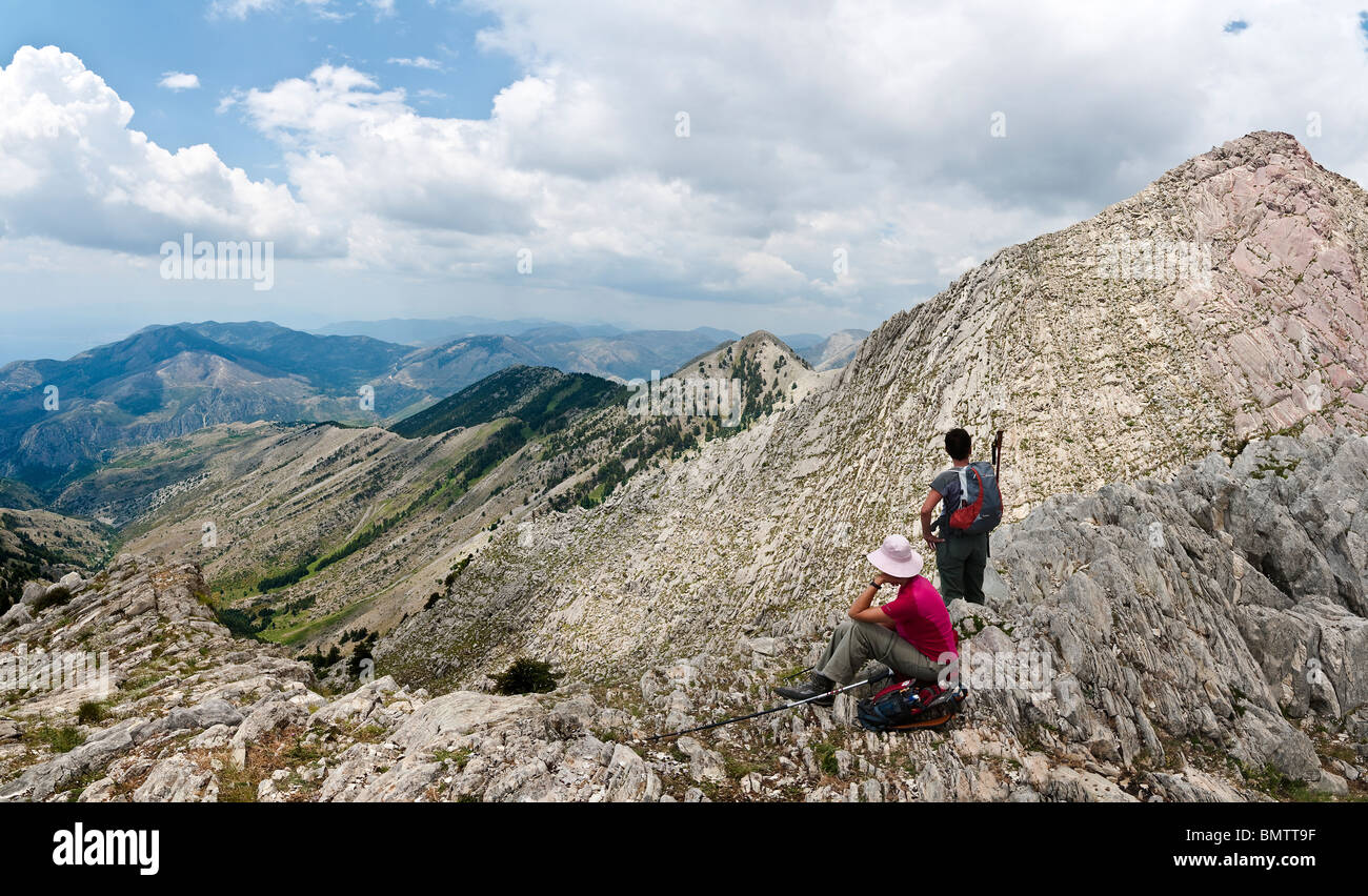 Walkers on a ridge just below the summit of Kokinovouni in the Taygetos ...