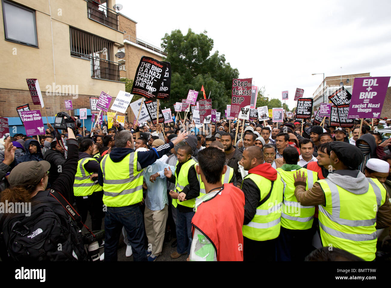 Anti fascist protest march through east London, England, UK Stock Photo ...