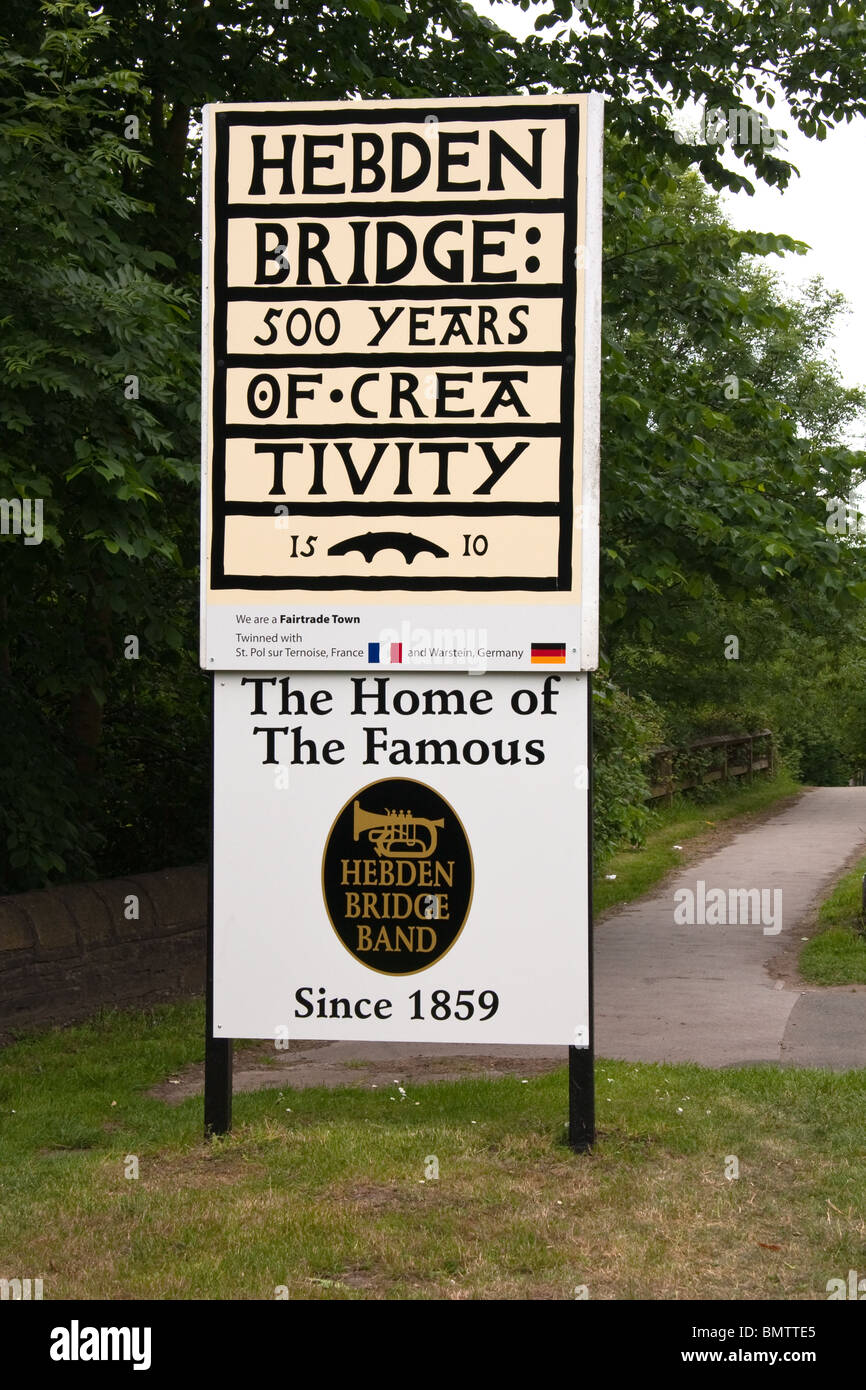 Sign on entry to Hebden Bridge, West Yorkshire Stock Photo - Alamy