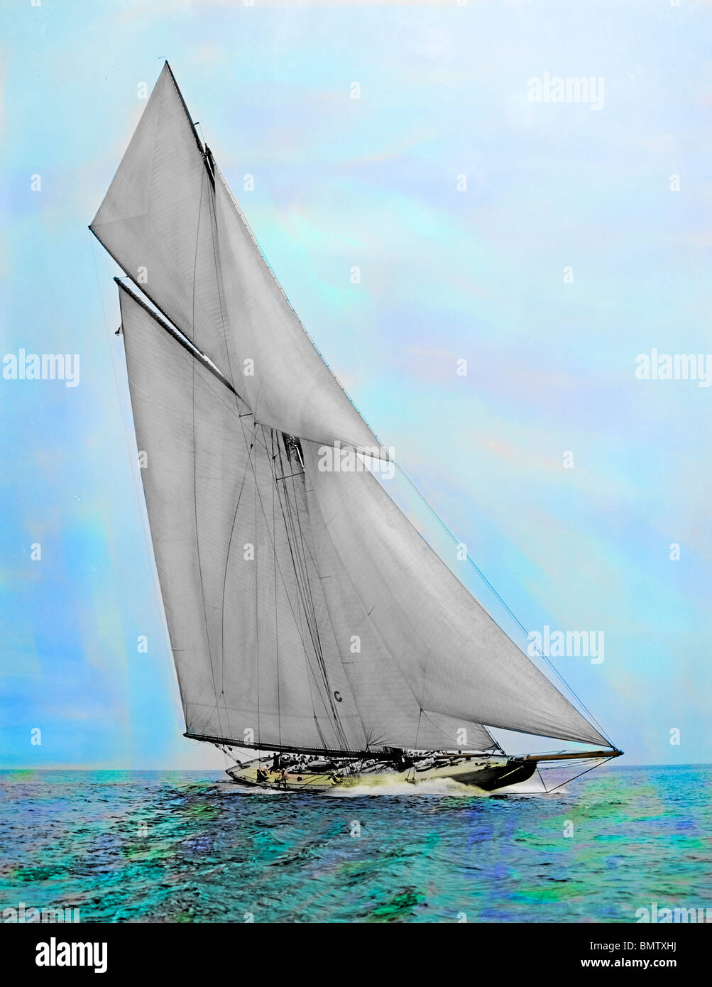 Hand tinted photograph of yacht at full sail Stock Photo - Alamy