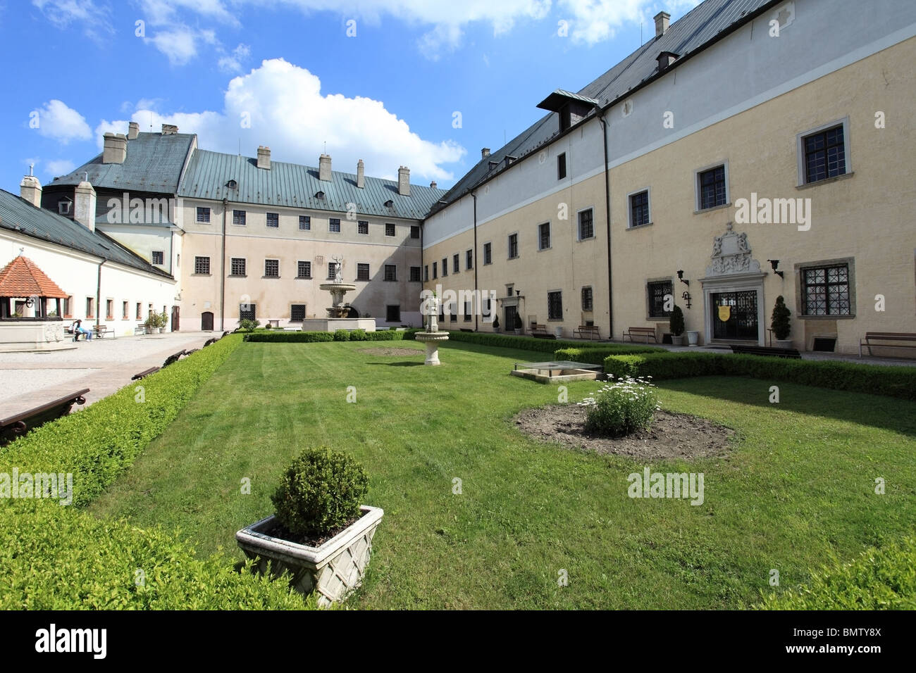 The courtyard of the medieval castle Cerveny Kamen, Slovakia Stock ...