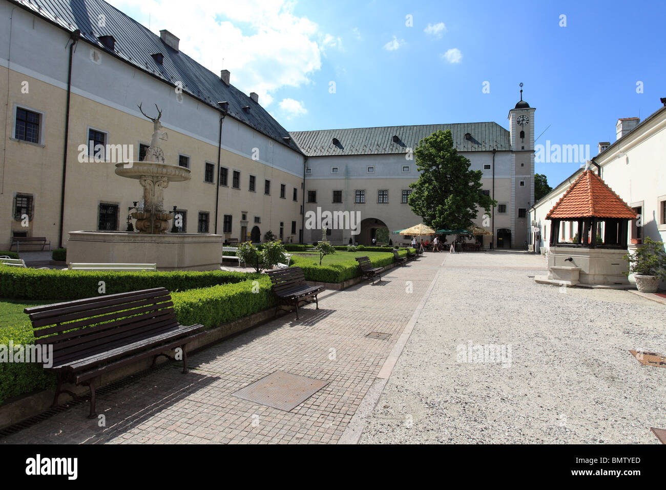 The courtyard of the medieval castle Cerveny Kamen, Slovakia Stock ...