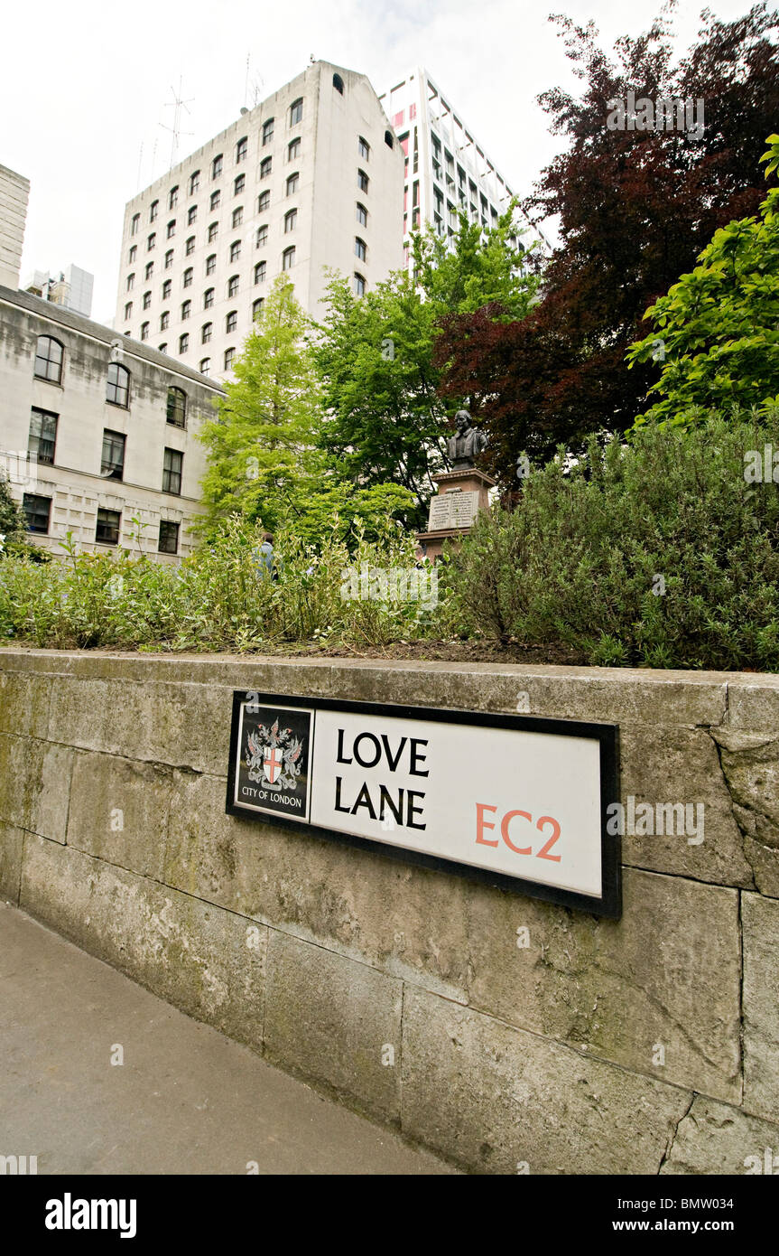 Love lane city of London road sign with garden in the background behind ...