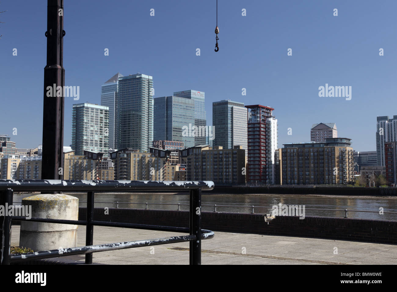 View of Canary Wharf from over the river Thames on a gloriously bright ...